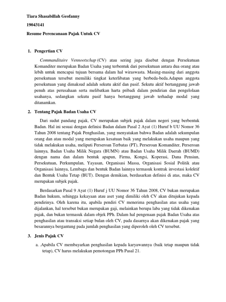 19043141_Resume Perencanaan Pajak Untuk CV | PDF