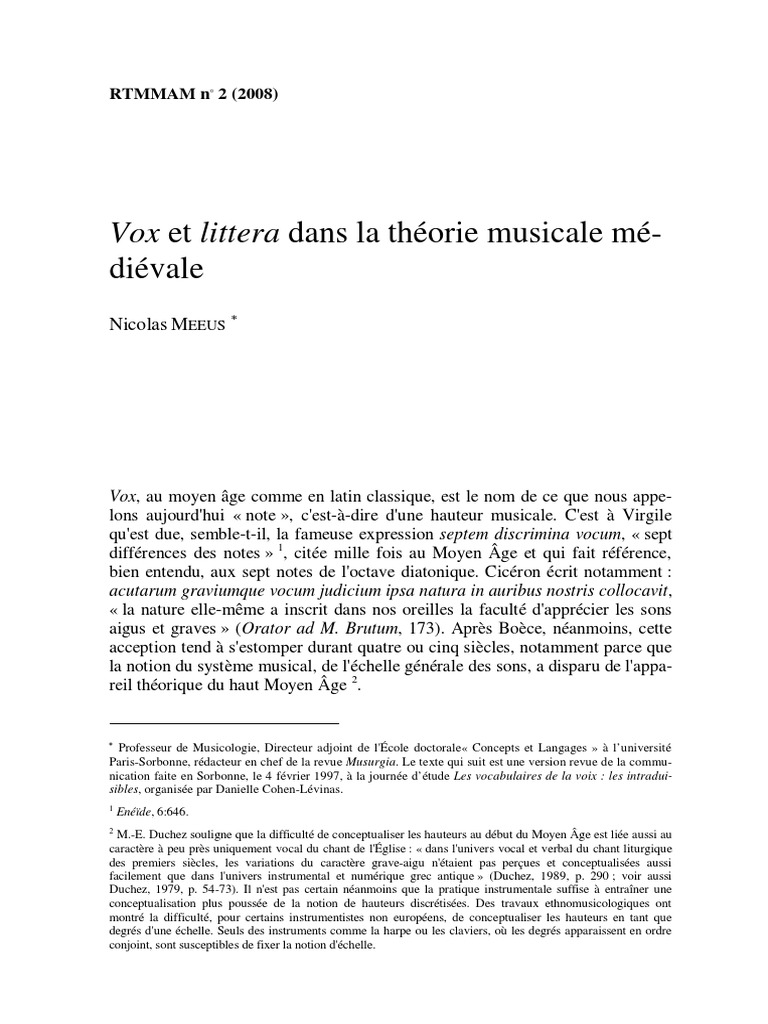 Vox Et Littera Dans La Theorie Musicale Medievale Nicolas Meeus | PDF ...