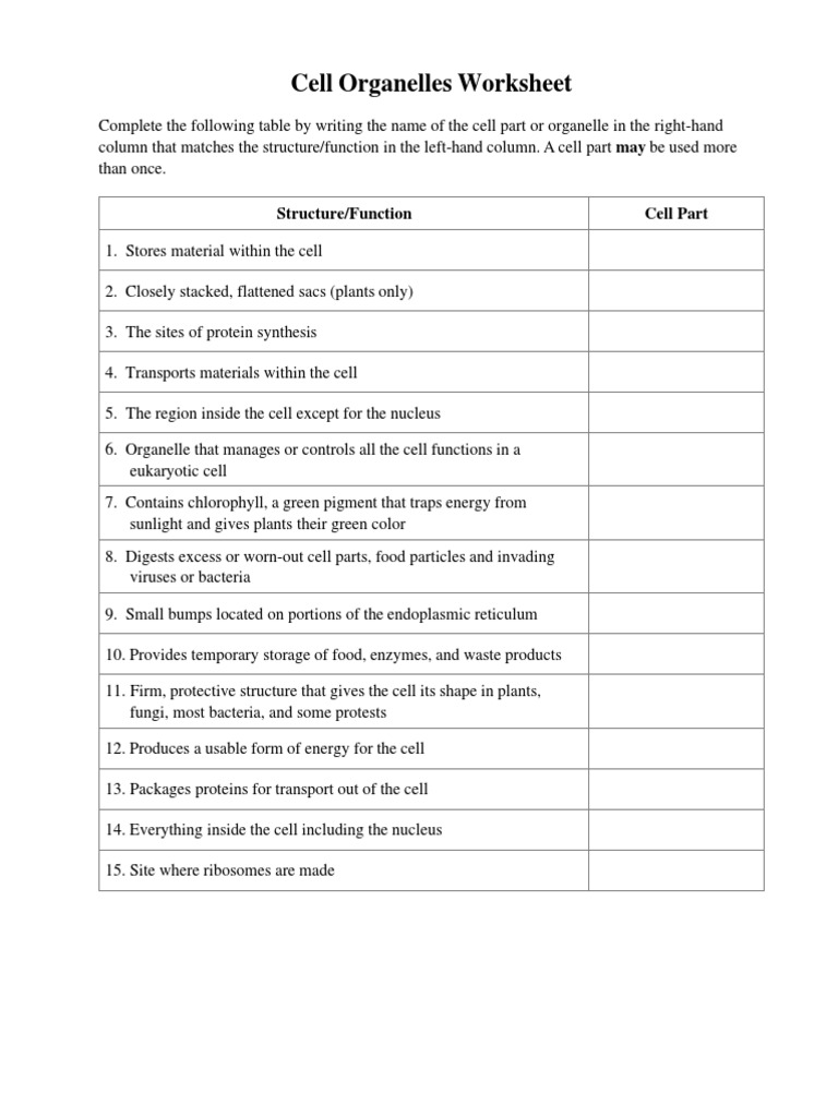 Cell Organelles Worksheet: Structure/Function Cell Part | PDF | Cell ...
