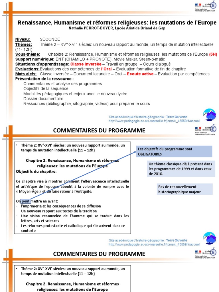 Seconde Histoire th2 - Chap 2 - Humanisme Renaissance Et Reformes Religieuses Version Finale ...
