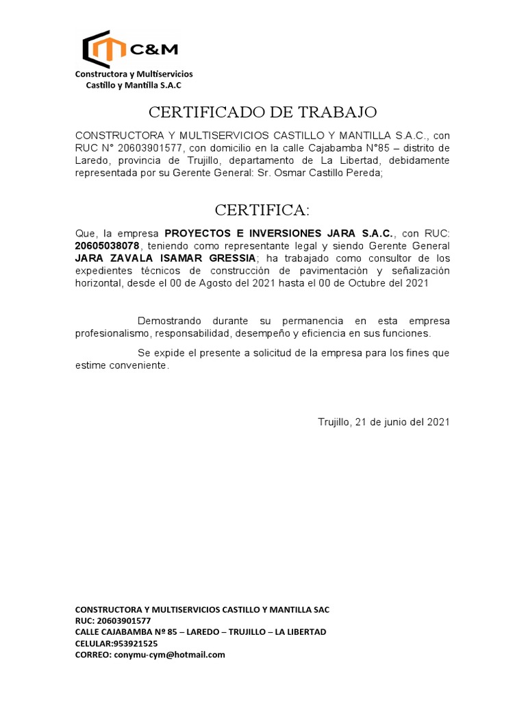 Certificado de Trabajo Constructora y Multiservicio Castillo y Mantilla S.A.C. | PDF