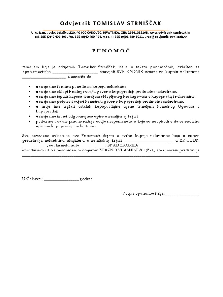 Punomoć Za Kupnju Nekretnine PDF | PDF
