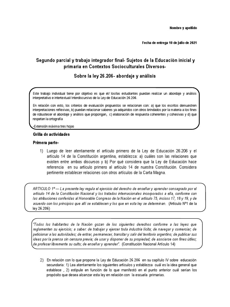 Segundo Parcial y Trabajo Integrador Final. Sujetos Inicial 2021. | PDF