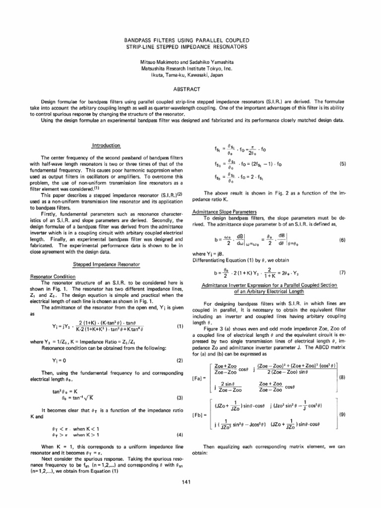Bandpass Filters Using Parallel Coupled Stripline Stepped Impeda | PDF ... Bandpass Filters Using Parallel Coupled Stripline Stepped Impeda | PDF ...