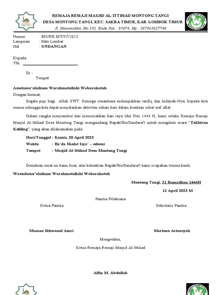 Surat Undangan Takbiran 2023 | PDF