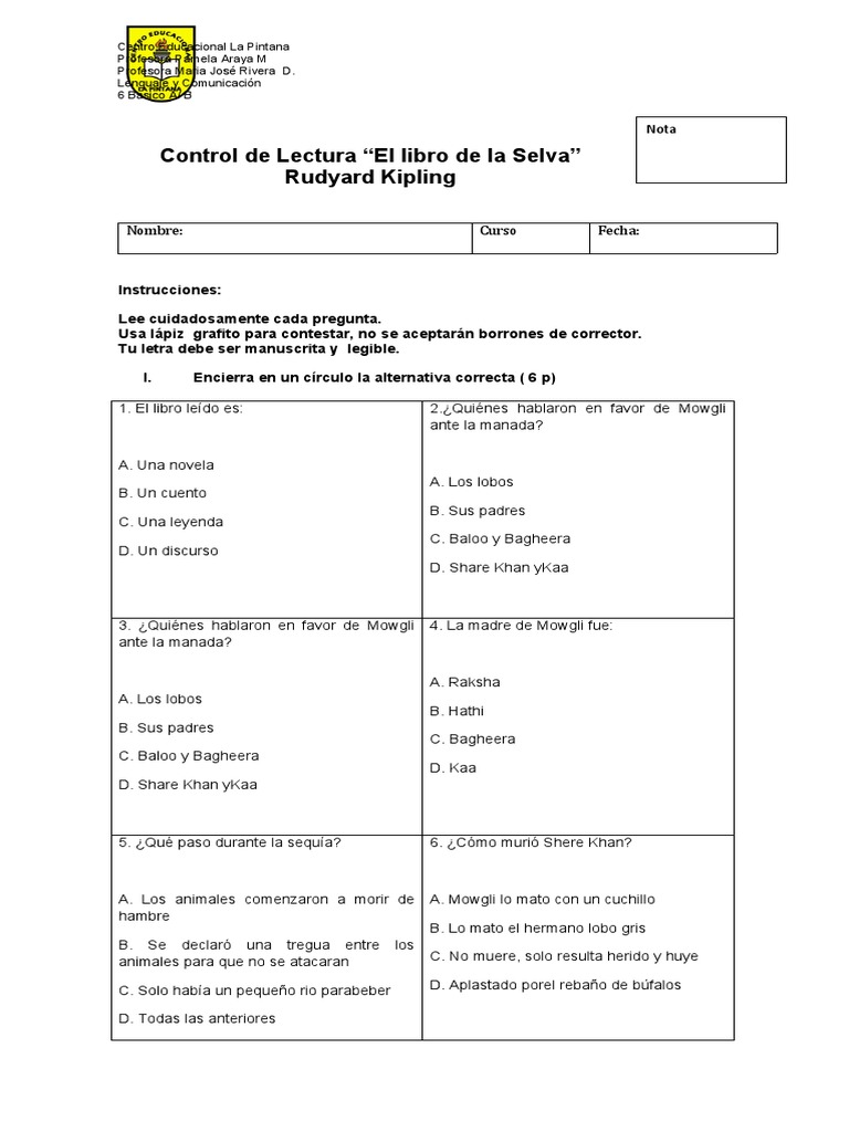 Control de Lectura Libro de La Selva | PDF | El libro de la selva