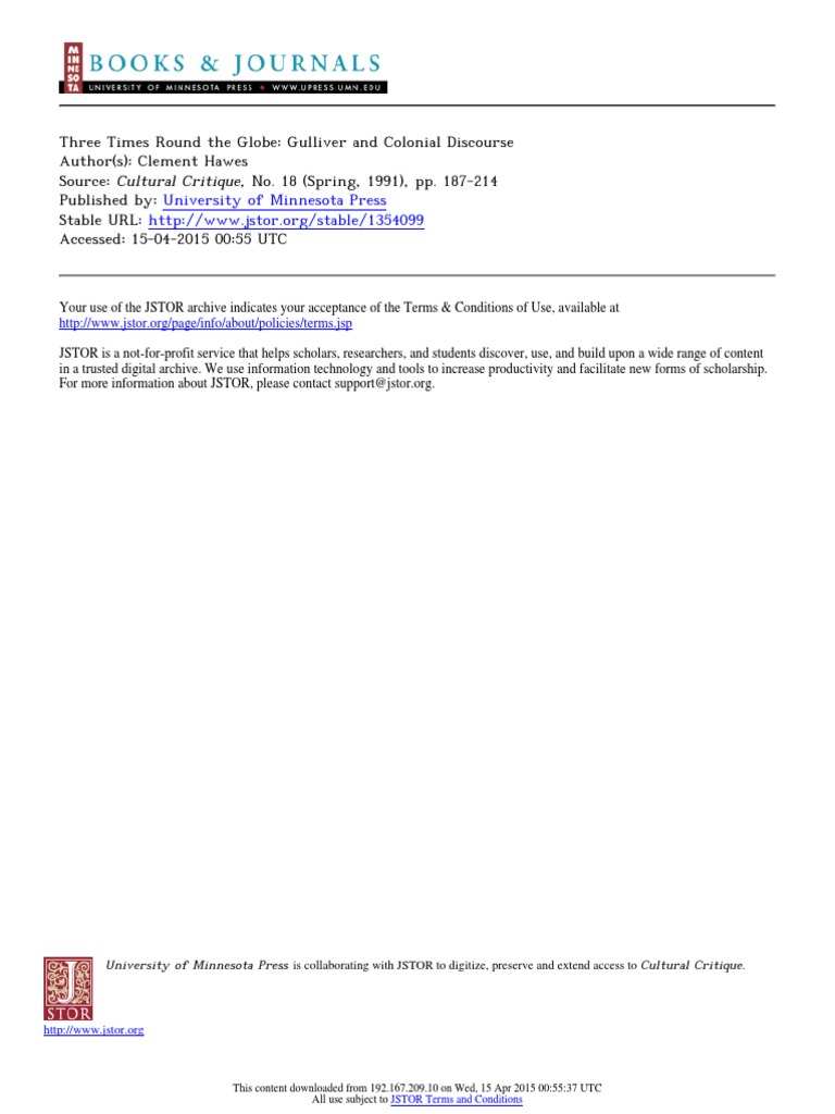 Three Times Round The Globe - Gulliver and Colonial Discourse - 1991 | PDF