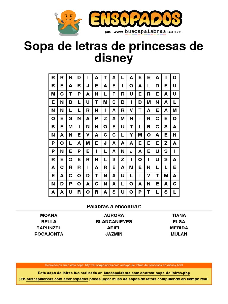 Sopa de Letras de Princesas de Disney | PDF