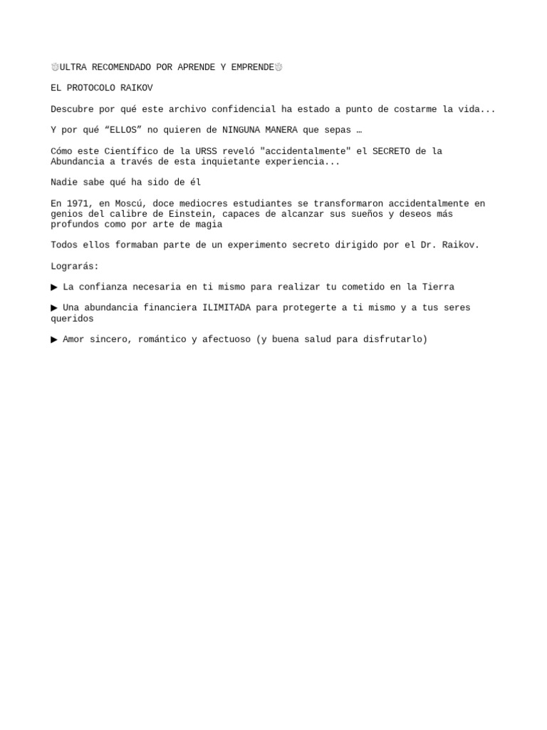 El Protocolo Raikov: Abundancia y Éxito | PDF