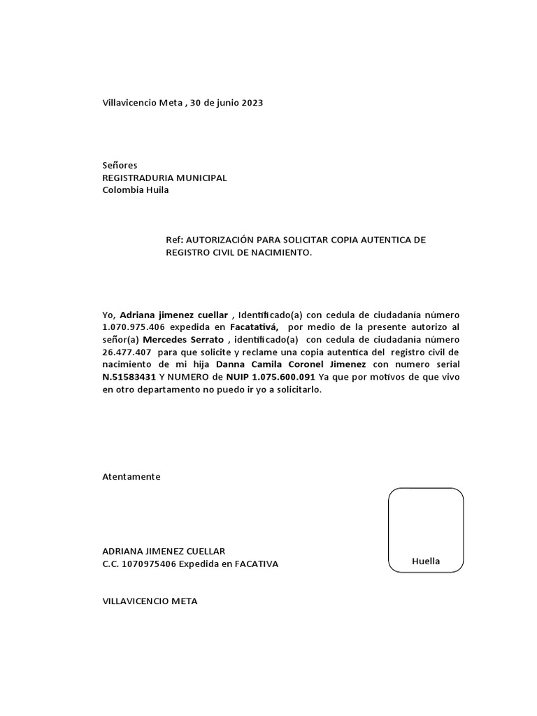 517444792 Modelo Autorizacio n Copia de Registro Civil | PDF ...