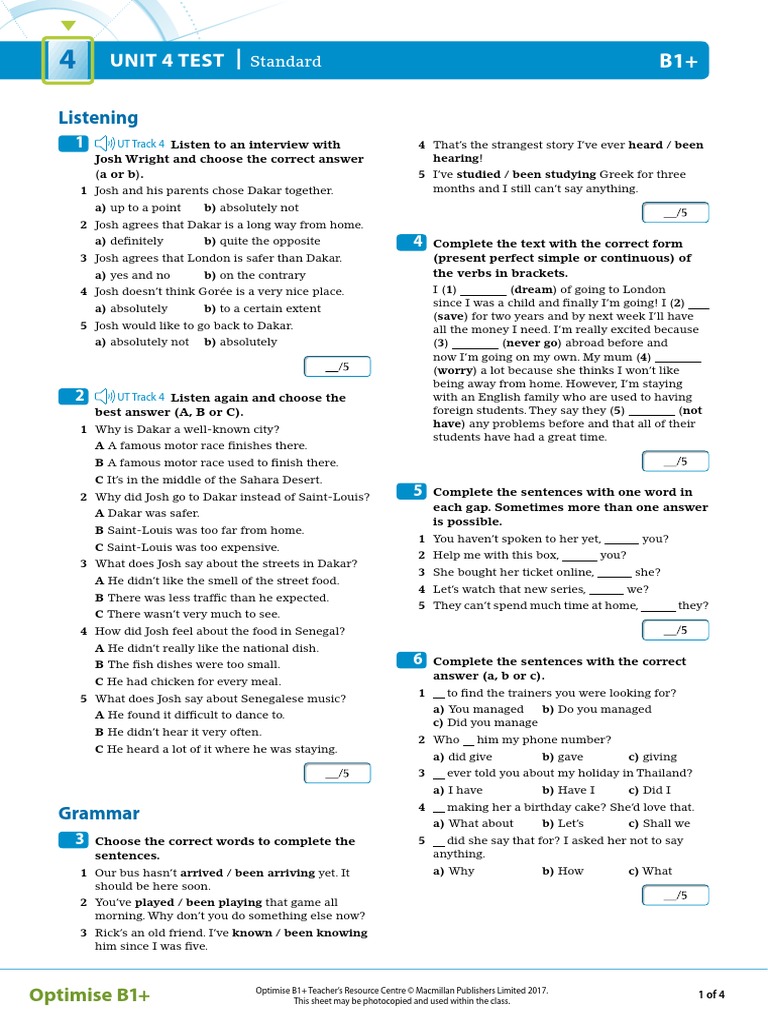 Copia de OPT - B1plus - Unit - Test - 4 - Standard | PDF
