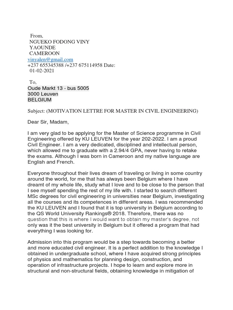 Motivation Lettre | PDF | Master Of Science | Civil Engineering