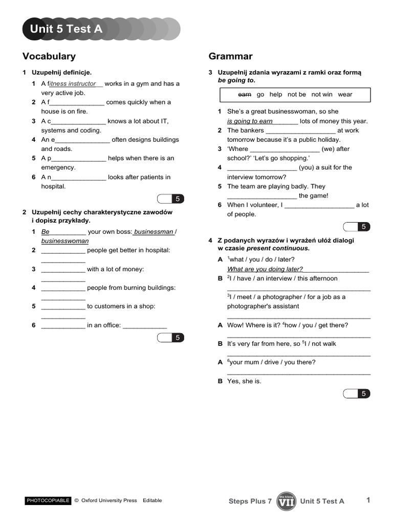 Steps Plus 7 Unit 5 Test A & B | PDF | Physical Education
