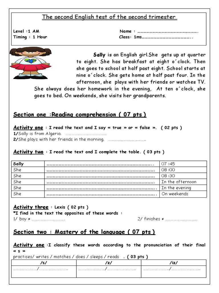 1MS - The Second English Test of The Second Trimester - 2G - BY Widad ...