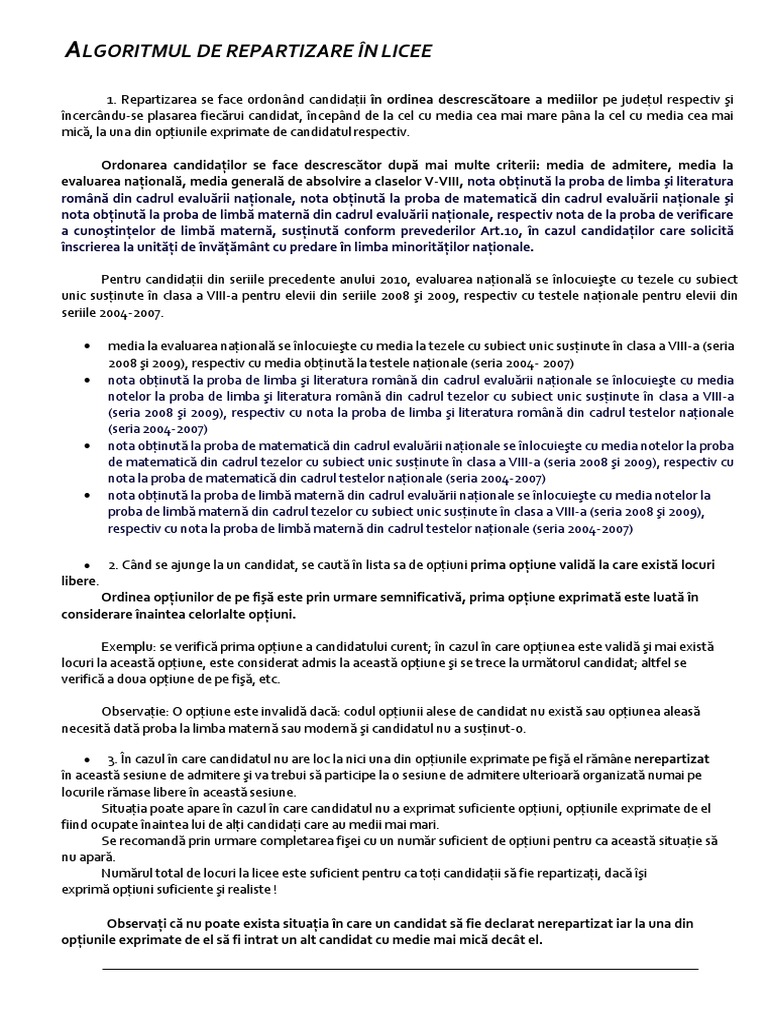 Algoritmul de Repartizare in Licee | PDF