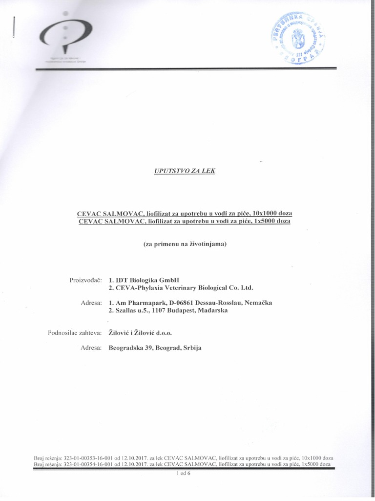 Cevac Salmovac Upustvo Za Lek | PDF