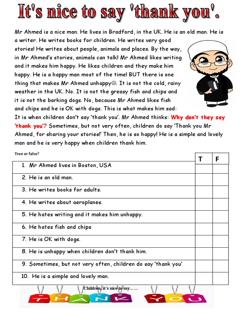 Its Nice To Say Thank You Reading Comprehension Exercises - 112892 | PDF