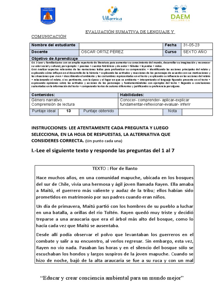 Evaluacion Adaptada Leng. 6° | Descargar gratis PDF | Evaluación