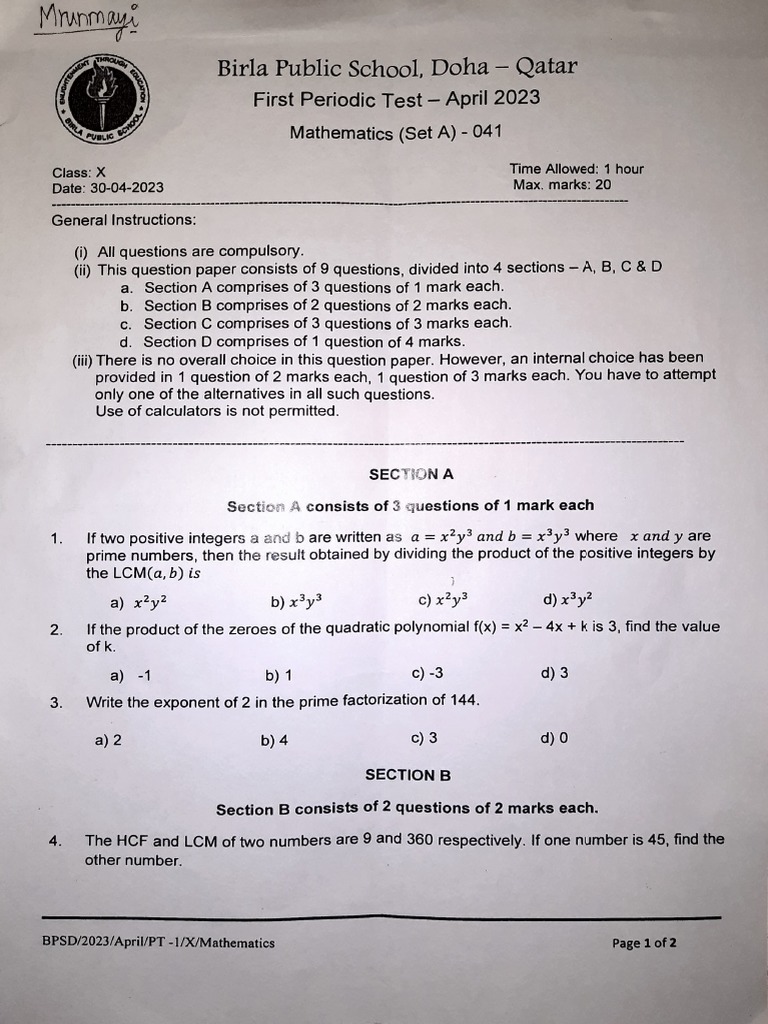 BPS Class 10 PT - 1 Maths Exam Paper - 230530 - 130107 | PDF ...