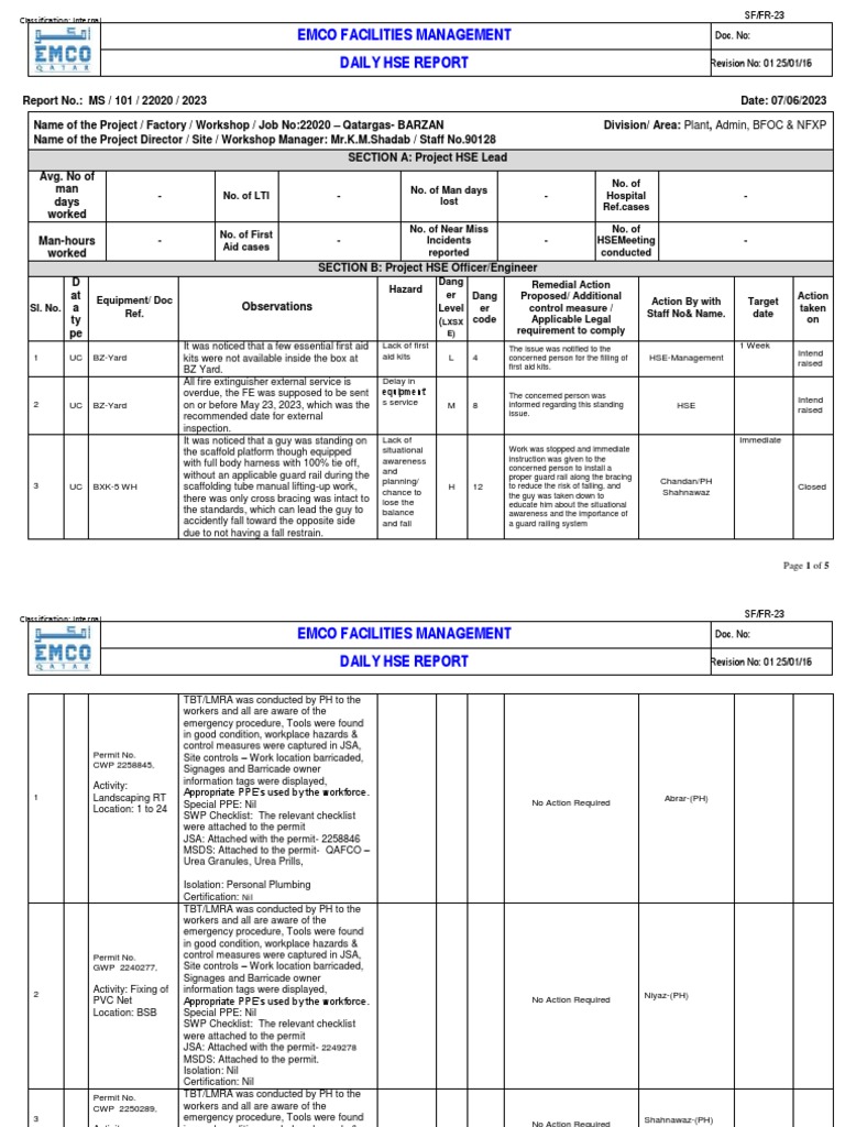 Daily HSE Report | PDF | Occupational Safety And Health | Safety