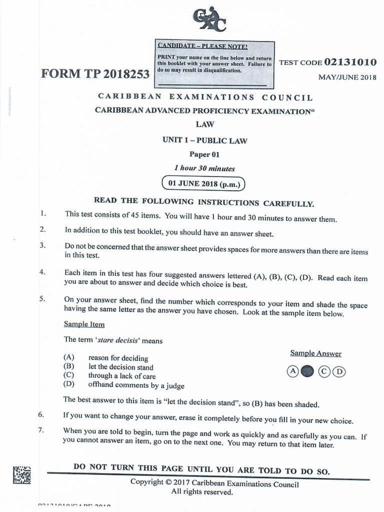CAPE Law 2018 U1 P1 | PDF