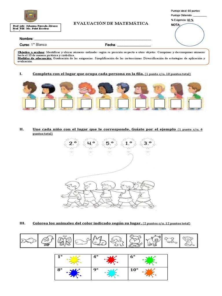 Prueba Números Ordinales 1°B | PDF