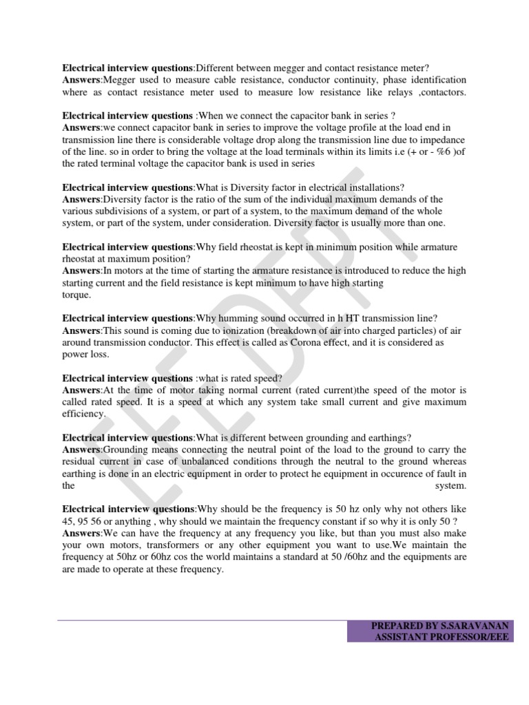 Electrical Interview Questions | PDF | Transformer | Alternating Current