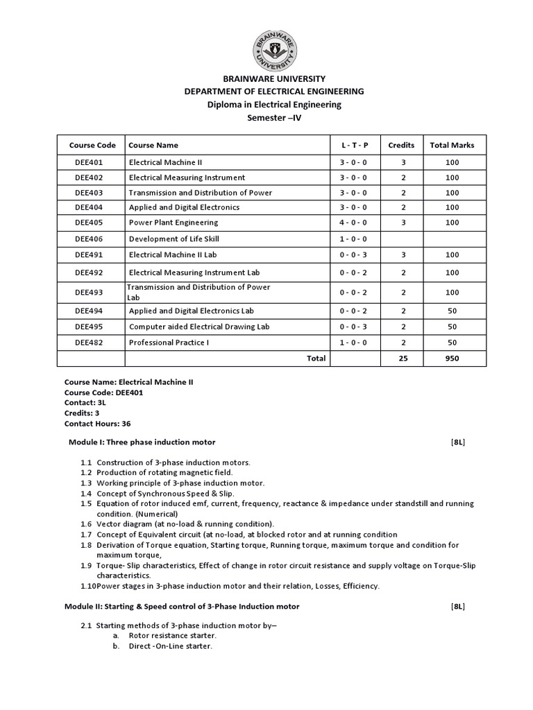 Electrical Engineering Diploma Syllabus | PDF