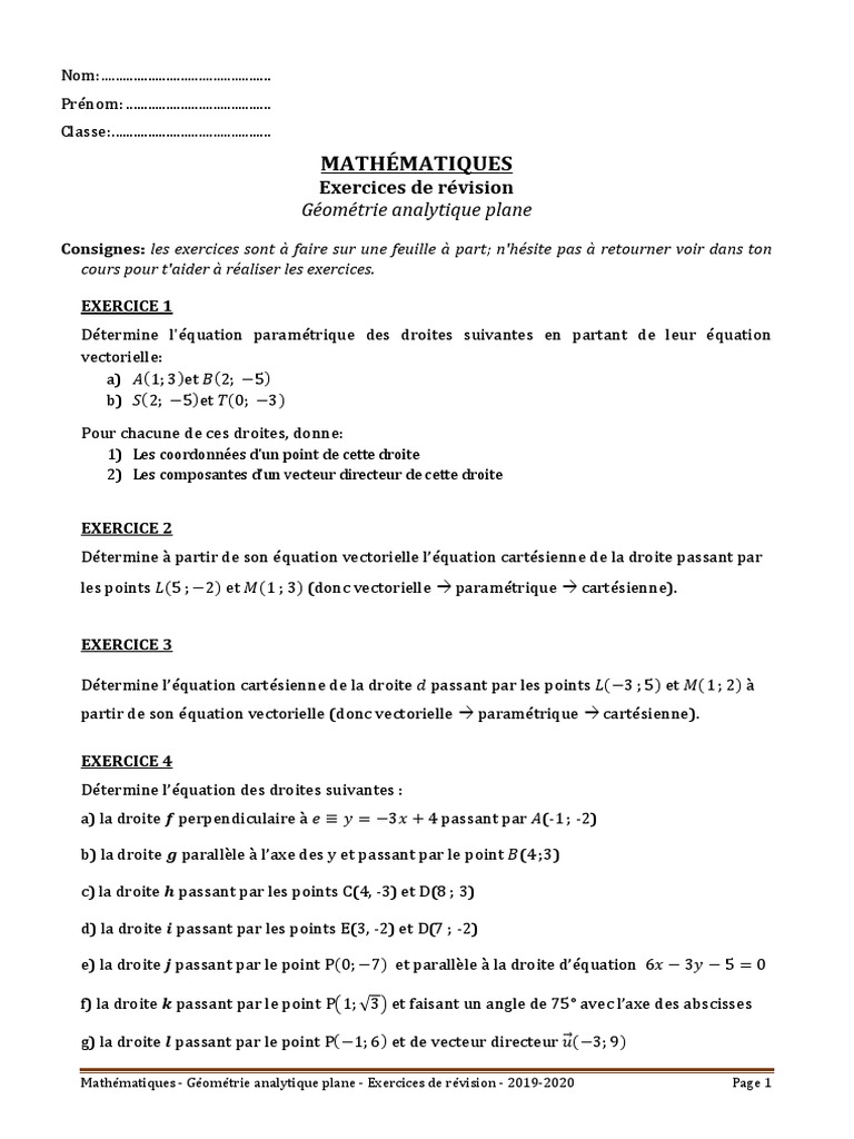 Mathematiques Exercices de Geometrie Analytique | Download Free PDF ...
