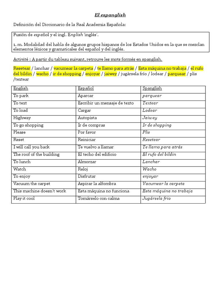 Introducción al Espanglish: Definición y Ejemplos | PDF