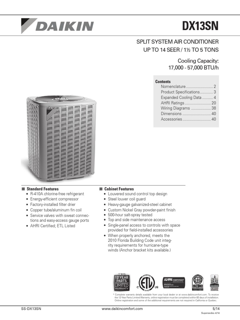 Daikin DX13SN Specs | PDF