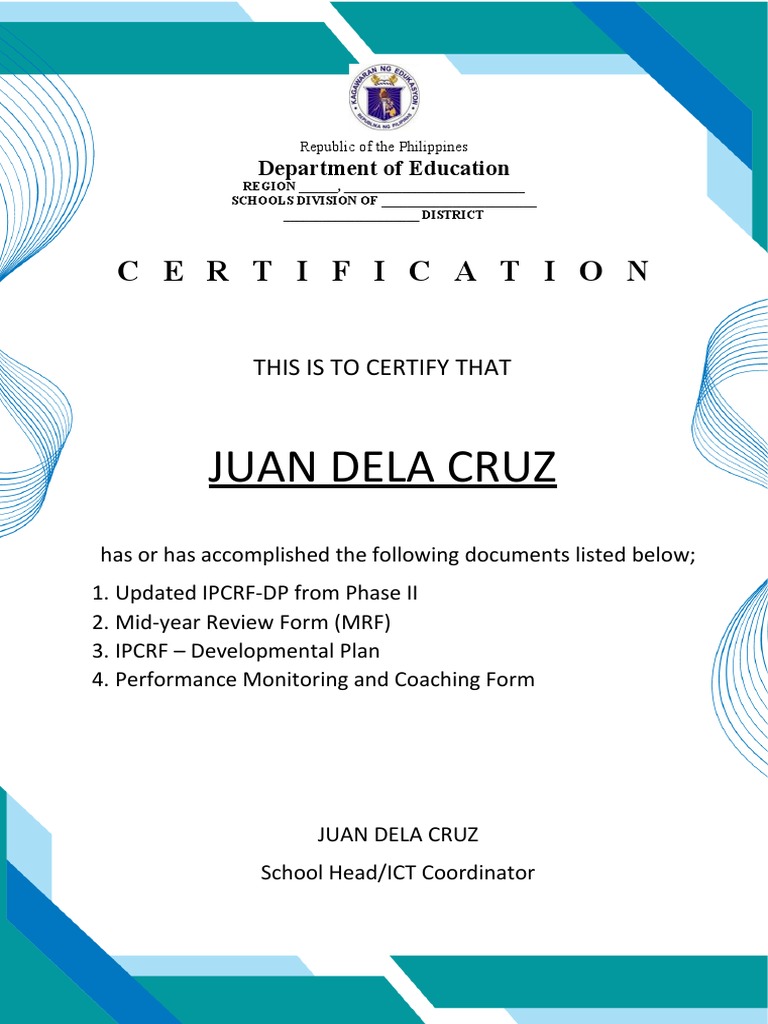 Certification From Ict Coordinator Sample | PDF