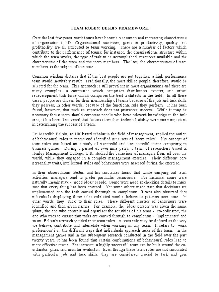 Belbin Framework | PDF | Psychological Concepts | Behavioural Sciences