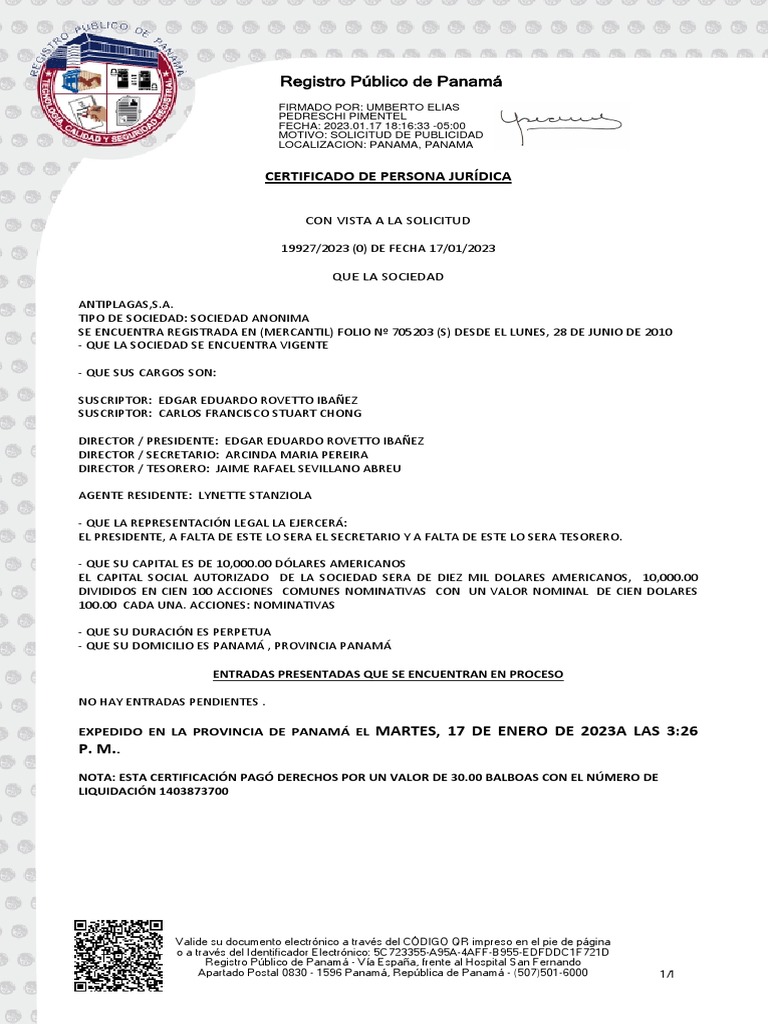 Registro Público de Panamá: Certificado de Persona Jurídica | PDF