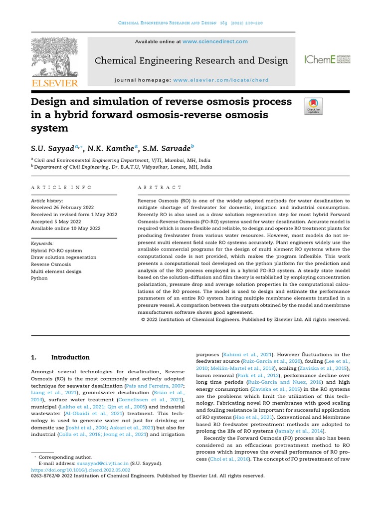 Design and Simulation of Reverse Osmosis Process in A Hybrid Forward Osmosis-Reverse Osmosis ...