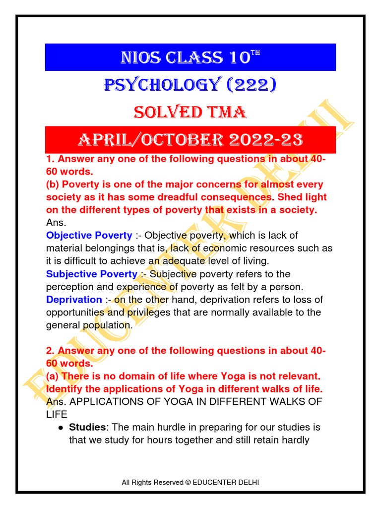 NIOS Class 10 PSYCHOLOGY (222) TMA | PDF | Psychology | Psychological ... NIOS Class 10 PSYCHOLOGY (222) TMA | PDF | Psychology | Psychological ...