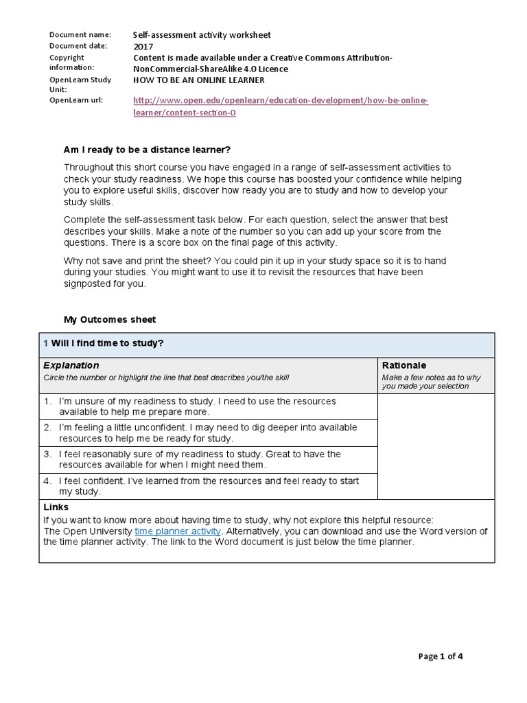 Self-Assessment Activity Worksheet-Edited | Download Free PDF | Learning | Study Skills
