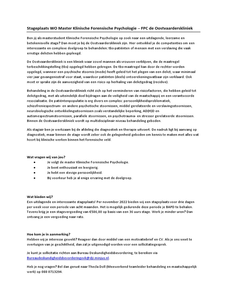 Stage Klinische Forensische Psychologie | PDF