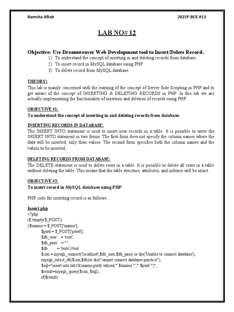 Lab No 12 | PDF | Php | Databases