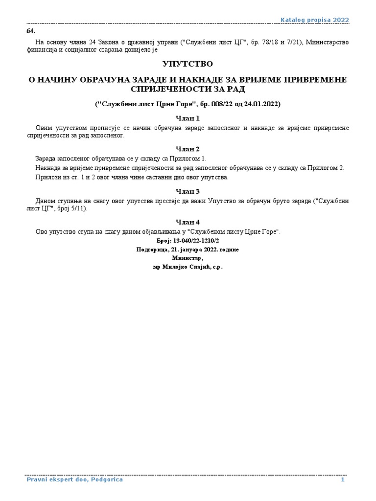 Uputstvo o Nacinu Obracuna Zarade i Naknade Za Vrijeme Privremene Sprijecenosti Za Rad | PDF