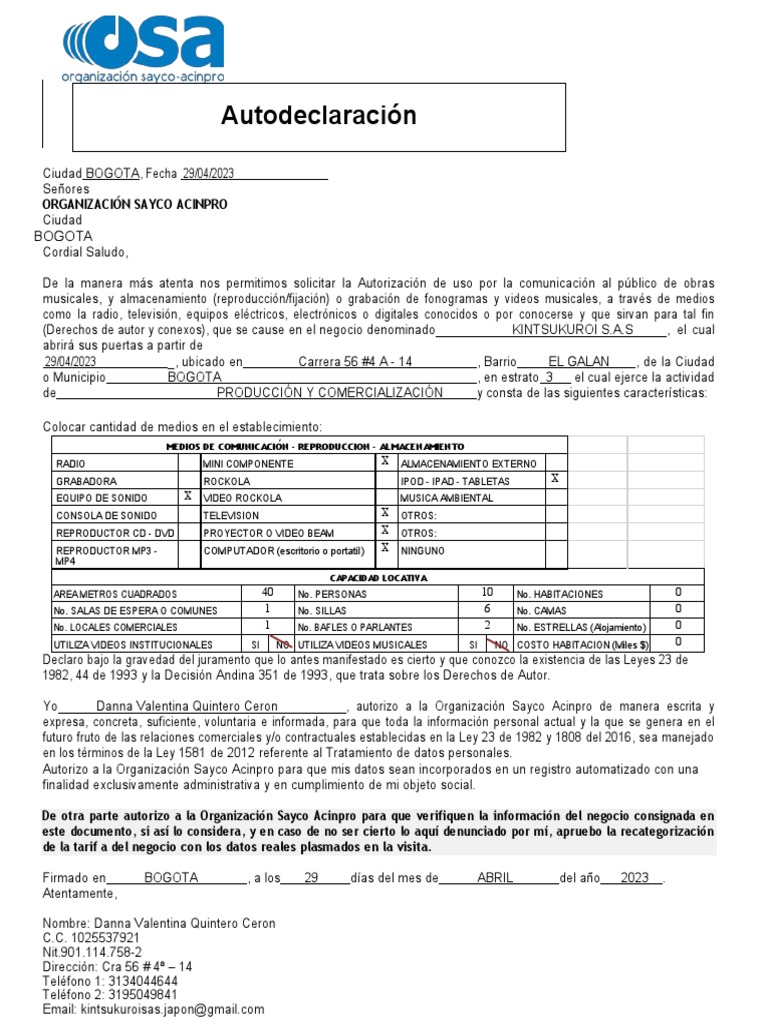 Autorización Uso Obras Musicales | PDF