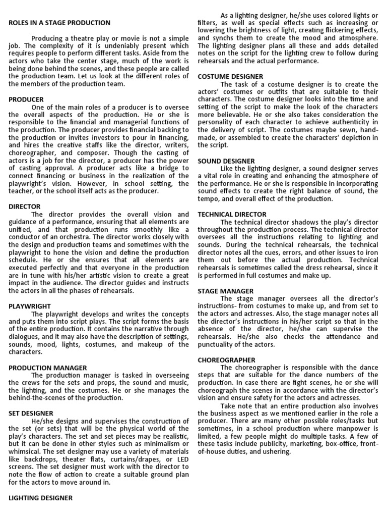 Key Roles in Stage Production | PDF | Theatre | Performing Arts