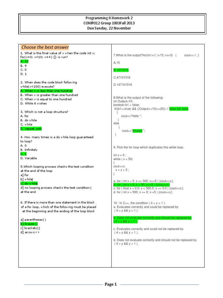 Choose The Best Answer: Programming II Homework 2 COMP012 Group 1003fall 2013 Due Sunday, 22 ...