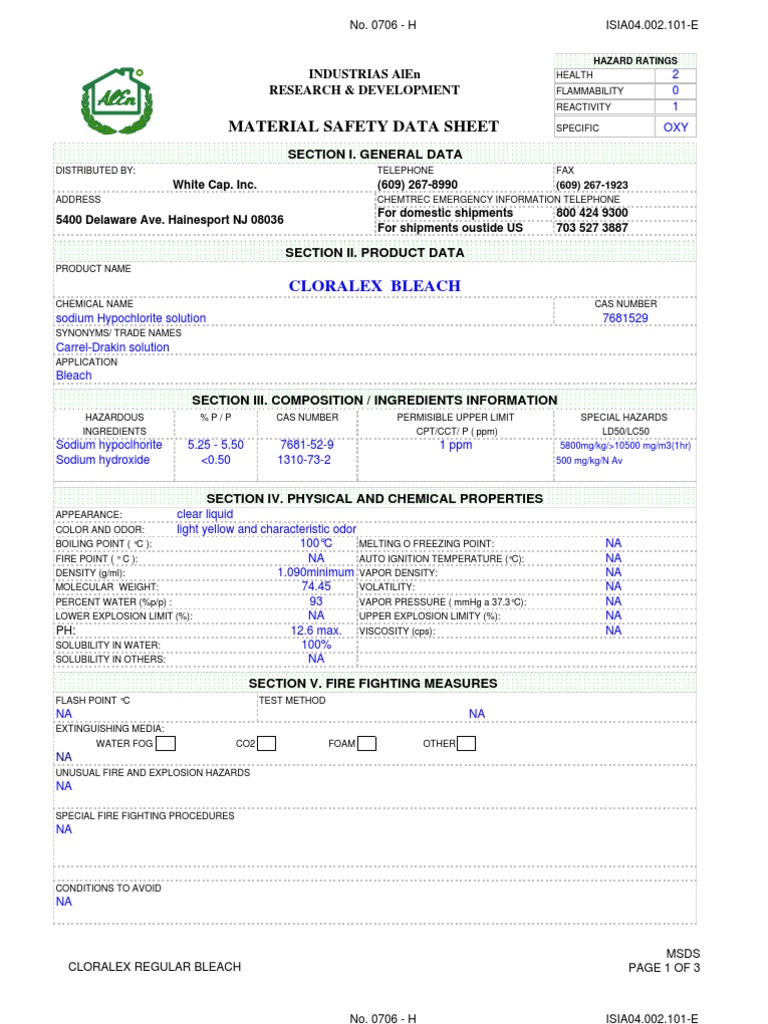 Material Safety Data Sheet: Cloralex Bleach | PDF | Sodium | Water