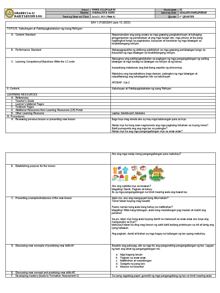 GRADES 1 To 12 Daily Lesson Log: TOPIC/S: Kabuhayan at ...
