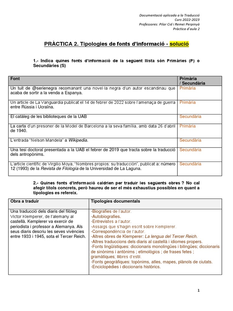 22-23 - Practica - Aula - 2 - Tipologies - Documentals - SOLUC IO - Cat | PDF