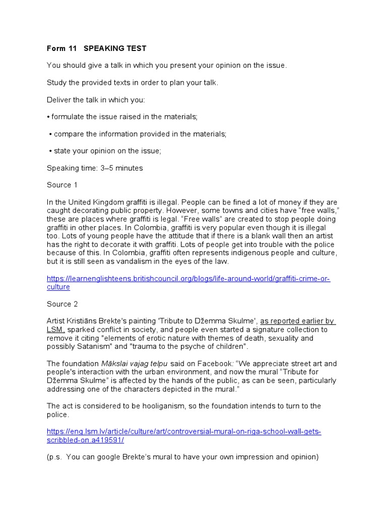 Form 11 Speaking Test Art Pdf