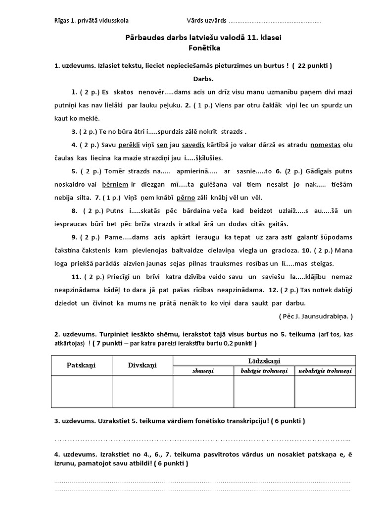 Pārbaudes Darbs Latviešu Valodā 11. Klasei Fonētika | PDF