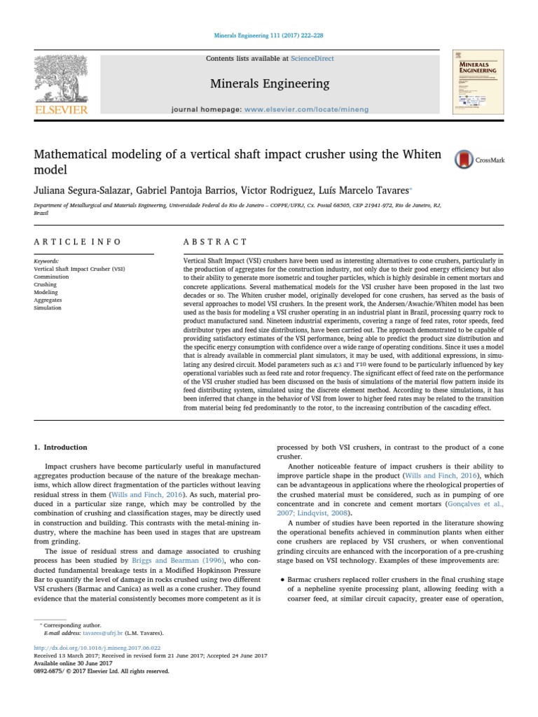 Mathematical Modeling of A Vertical Shaft Impact Crusher Using The Whiten - Model | PDF