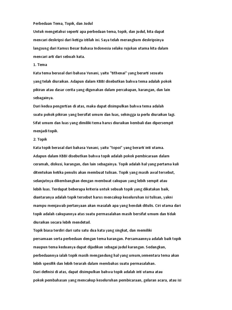 Perbedaan Tema, Topik, dan Judul | PDF